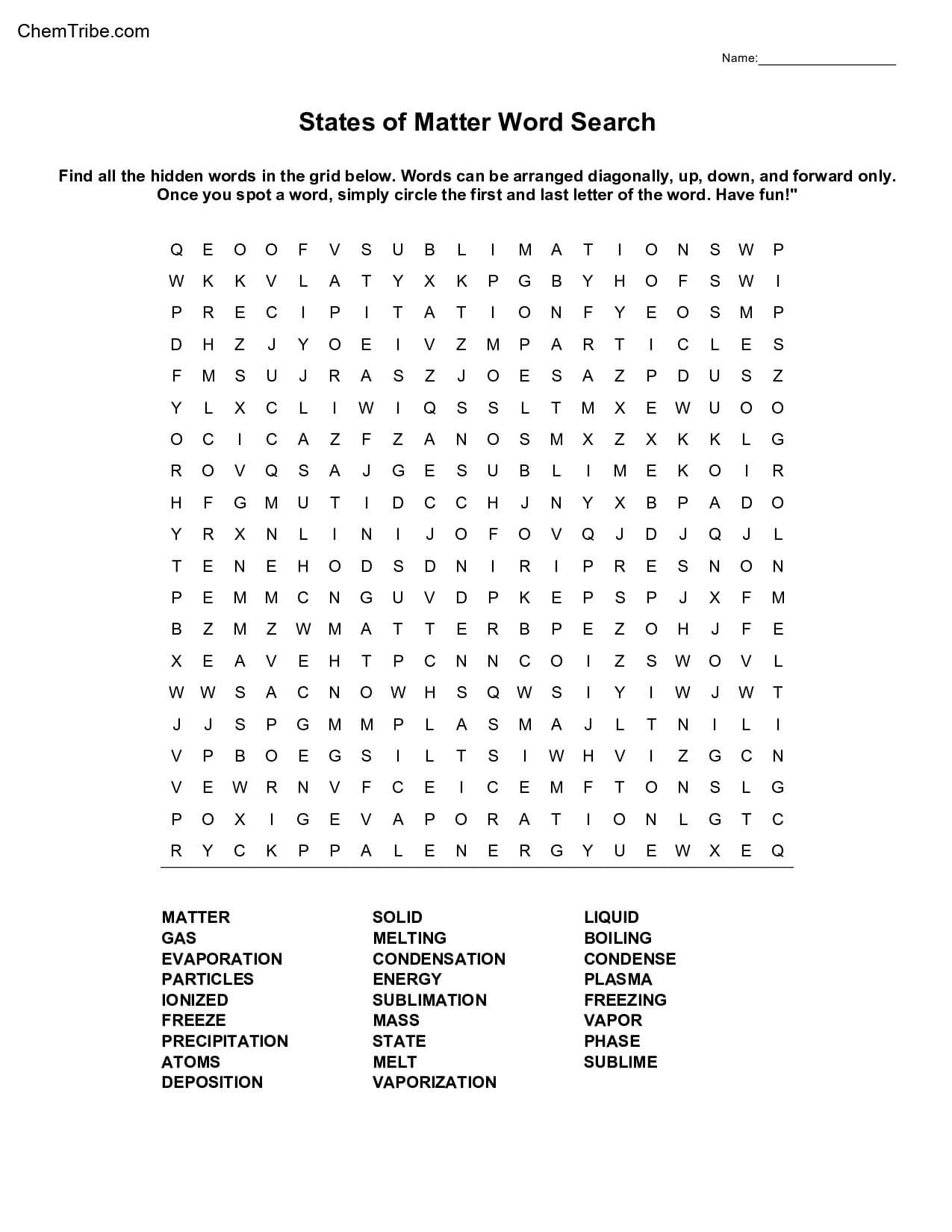 States of Matter Word Search - ChemTribe