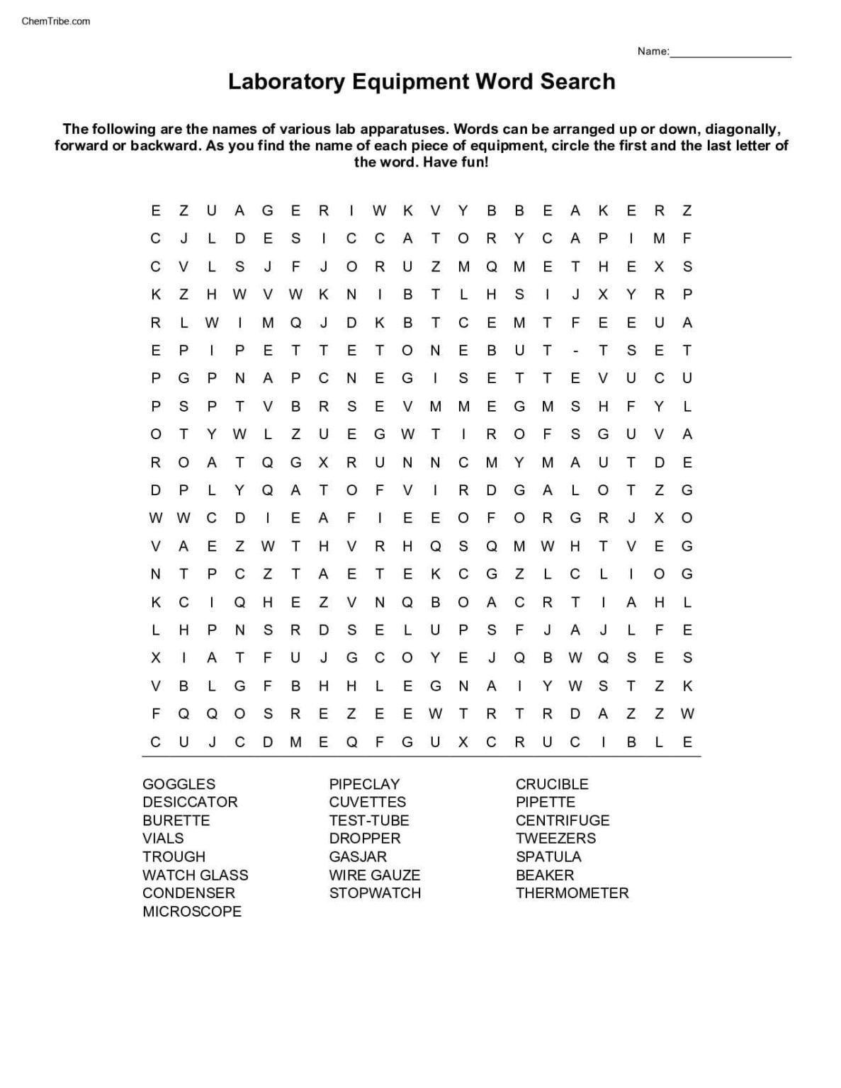 Laboratory Equipment Word Search - ChemTribe