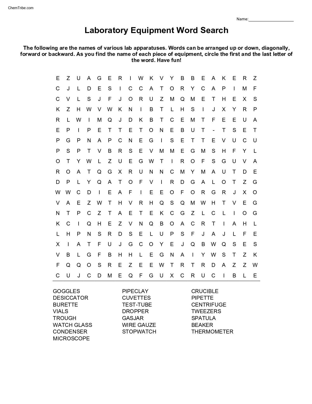 Laboratory Equipment Word Search - ChemTribe