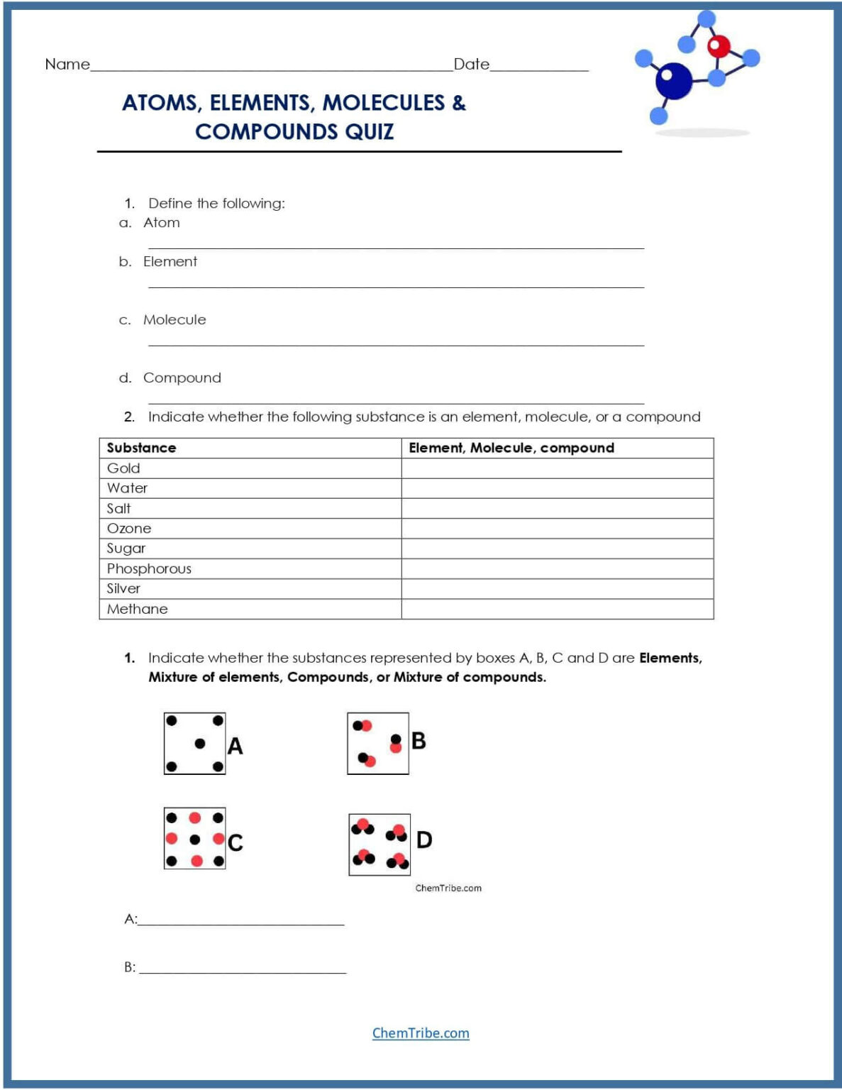 Atoms, Elements, Molecules, and Compounds Worksheet - ChemTribe