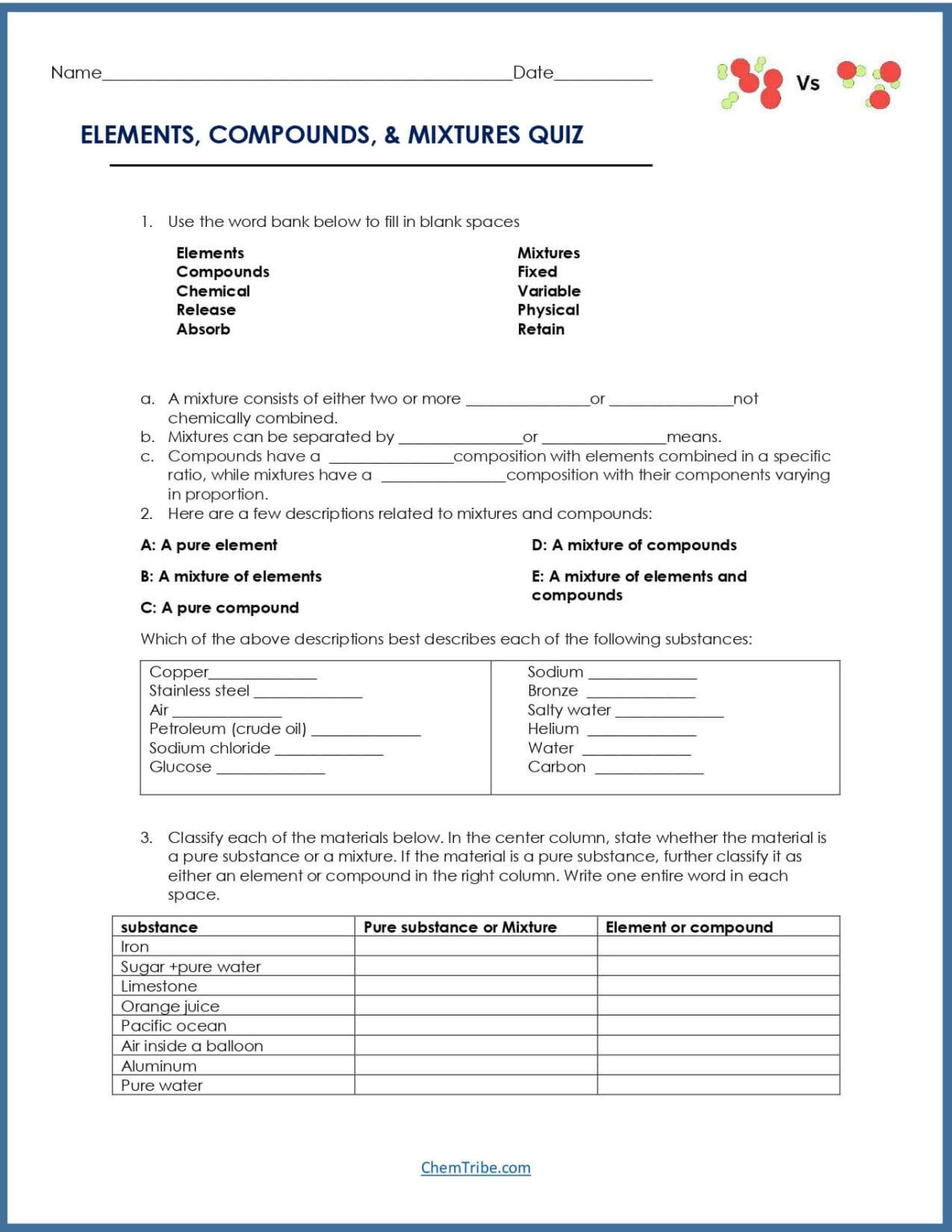 Elements, Compounds, & Mixtures Worksheet - ChemTribe