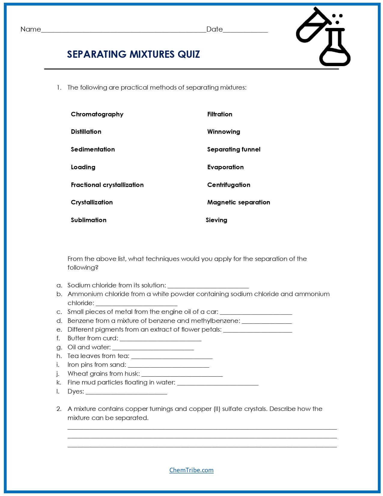 Separation of Mixtures Worksheet - ChemTribe